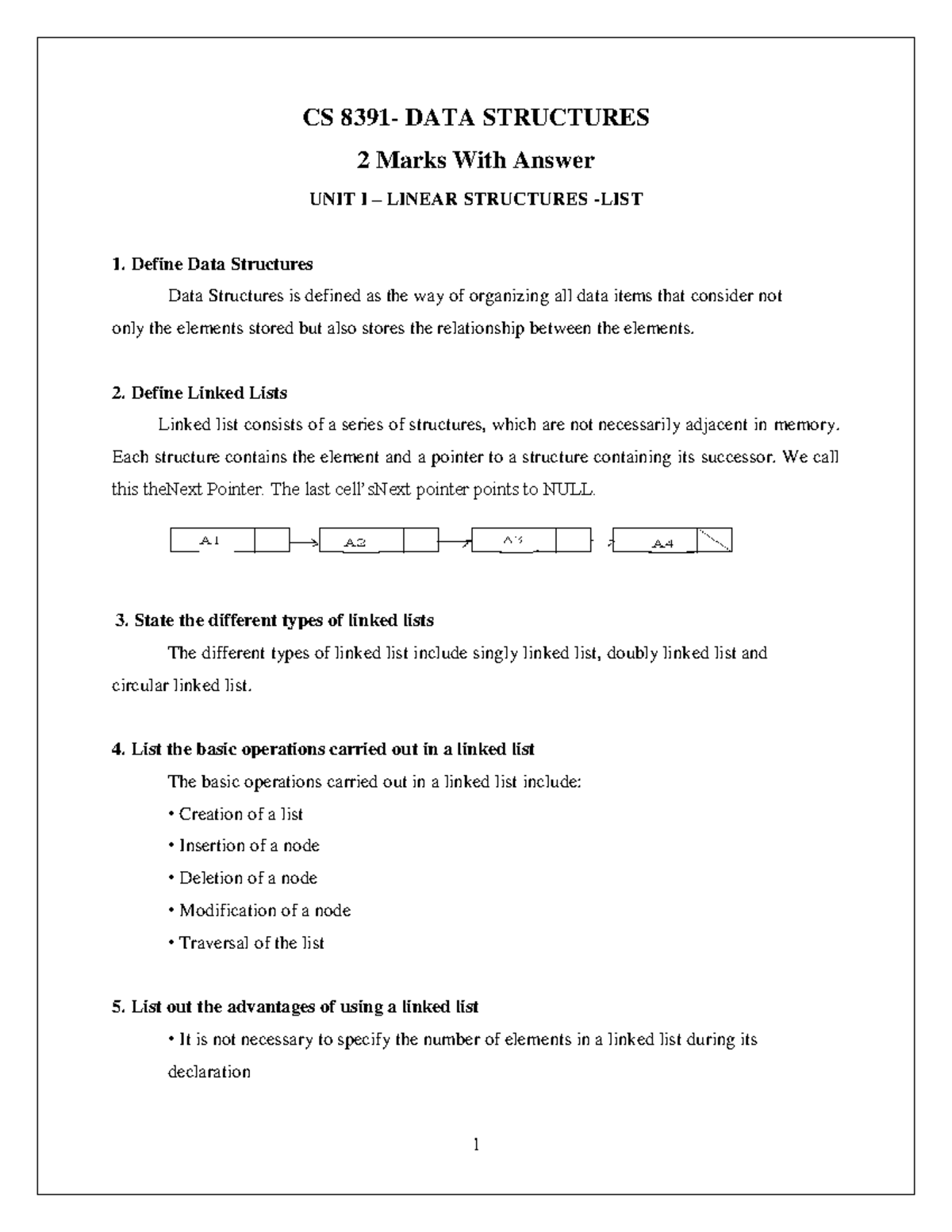 DATA Structutes Interview Questions - CS 8391 - DATA STRUCTURES 2 Marks ...