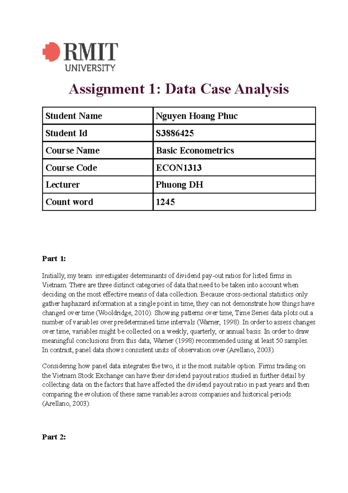 Basic Econometrics - Assignment 1: Data Case Analysis Student Name Nguyen Hoang Phuc Student Id ...
