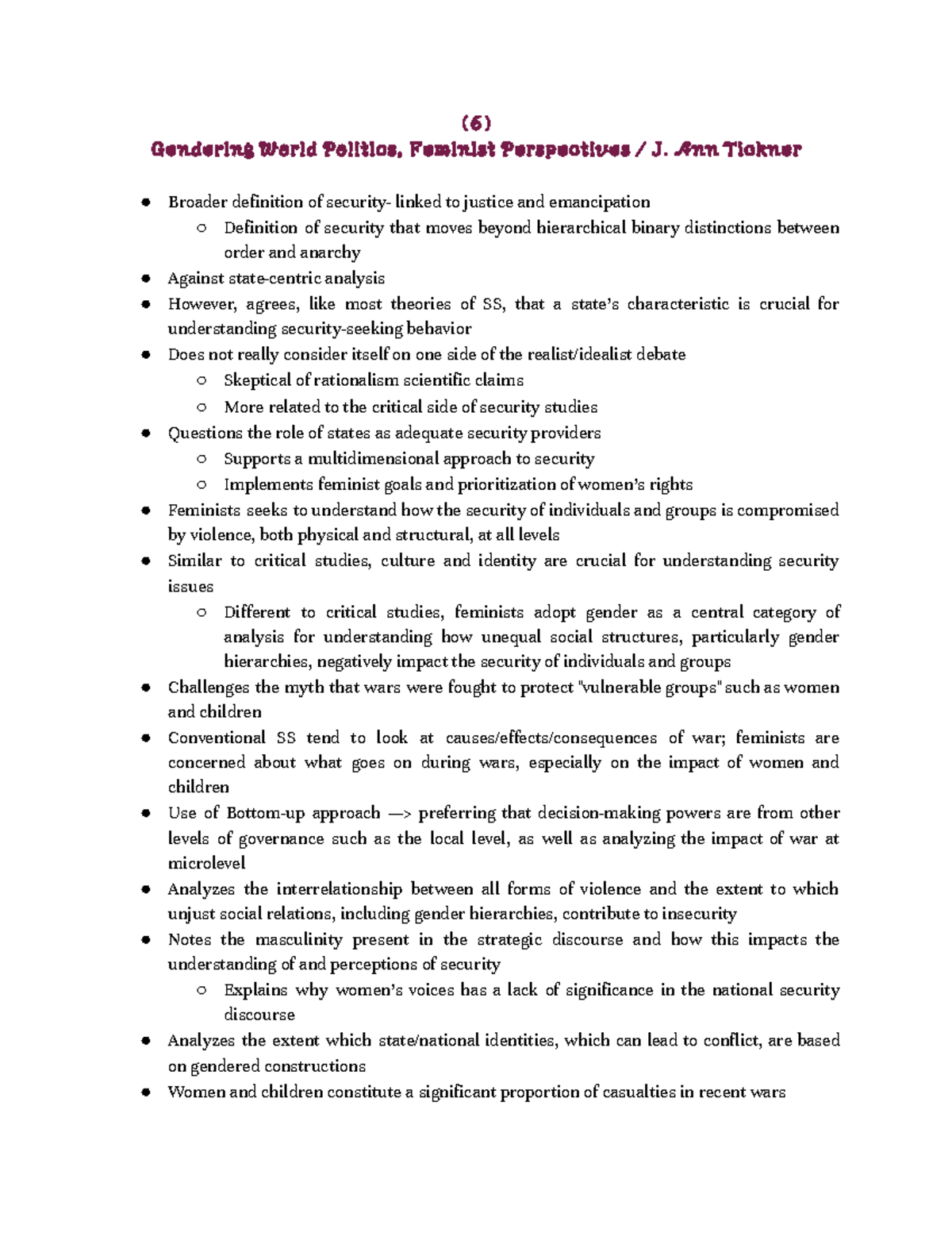 Tickner, Ann- Gender and Feminist Perspectives in World Politics - (6 ...