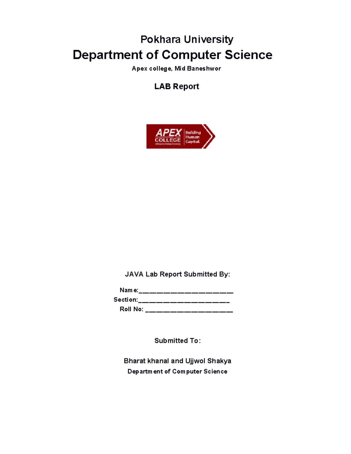 Java Lab 1 Labsheet Pokhara University Department Of Computer Science Apex College Mid