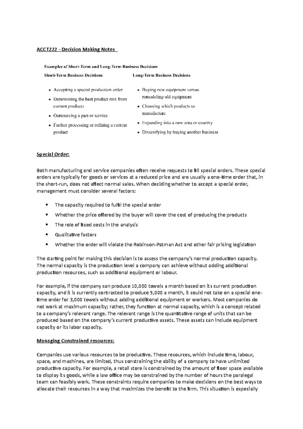 ACCT222 Decision Making Notes - ACCT222 - Decision Making Notes Special ...