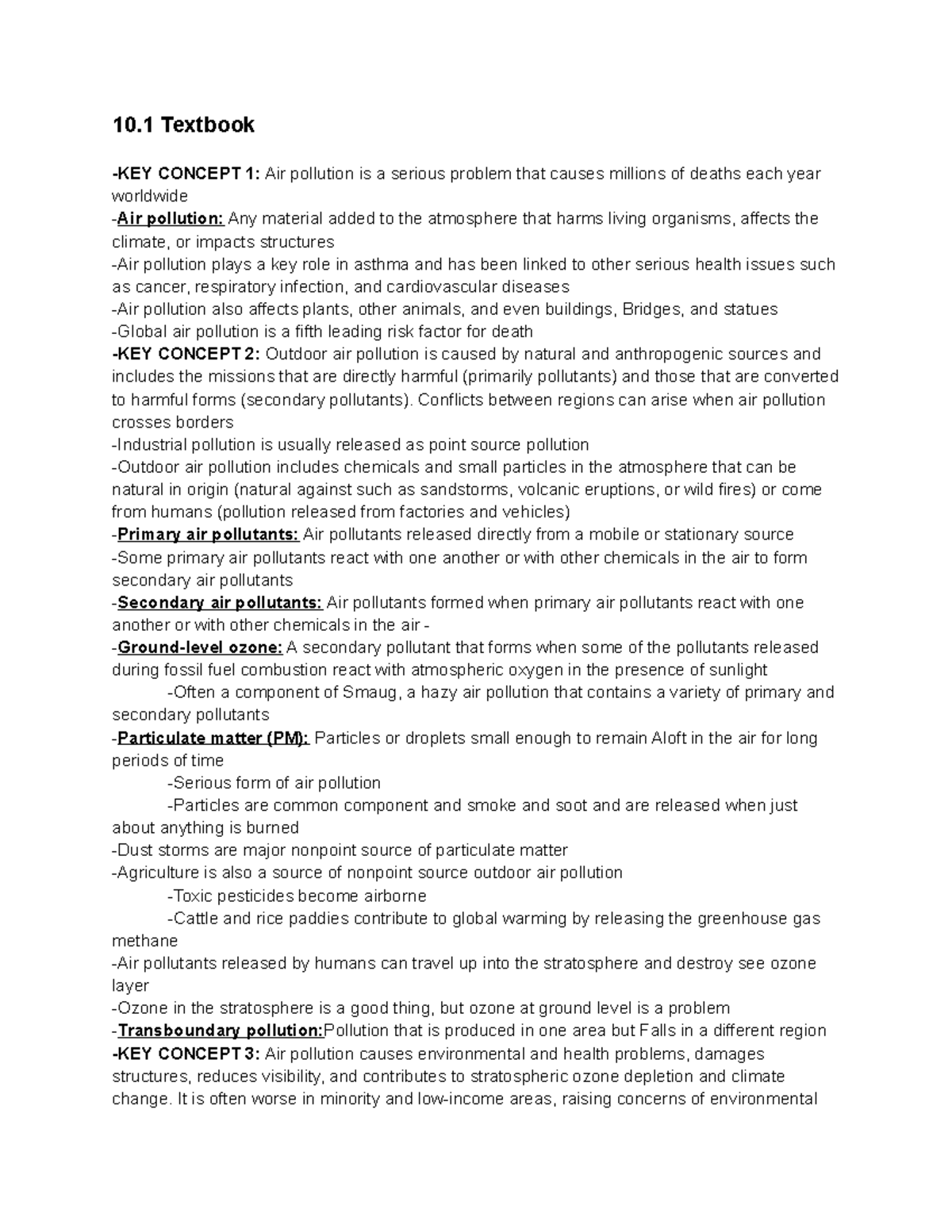 Week 10 notes (10 - 10 Textbook -KEY CONCEPT 1: Air pollution is a ...