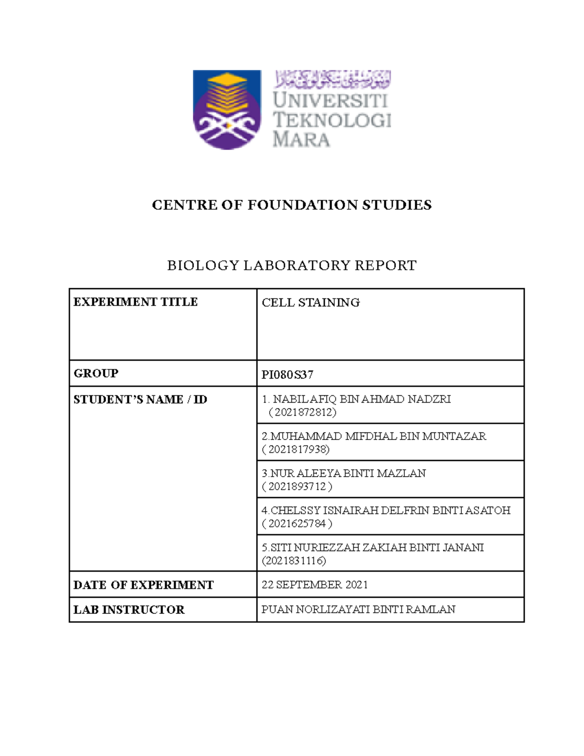 Group 4 LAB Report BIO091 EXP 2 - CENTRE OF FOUNDATION STUDIES BIOLOGY ...