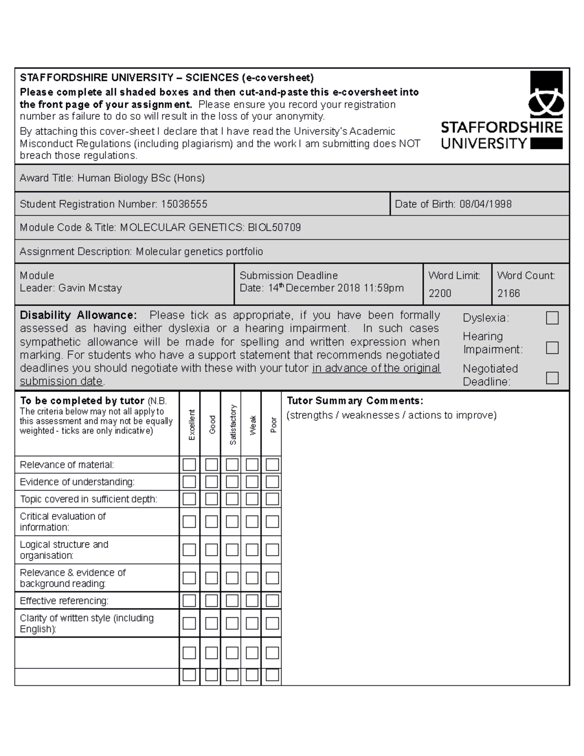 Molecular Genetics portfolio - STAFFORDSHIRE UNIVERSITY – SCIENCES (e ...