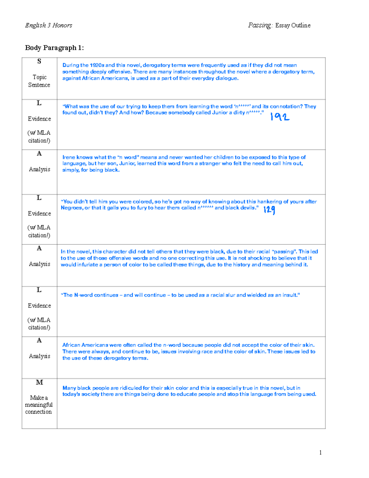 Passing Outline - Essay - Body Paragraph 1: S Topic Sentence L Evidence ...