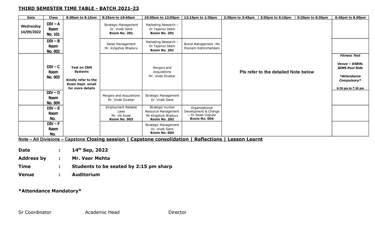 Srs TT for 14th Sep, 2022 - THIRD SEMESTER TIME TABLE - BATCH 2021 ...