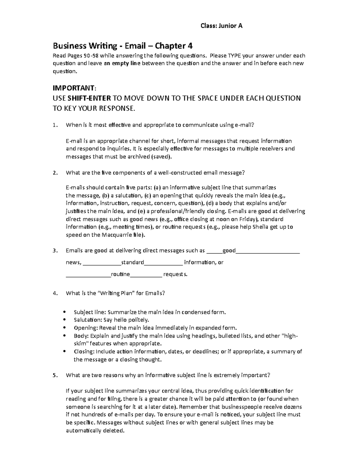 Chapter 4 Email Questions - Class: Junior A Business Writing - Email ...