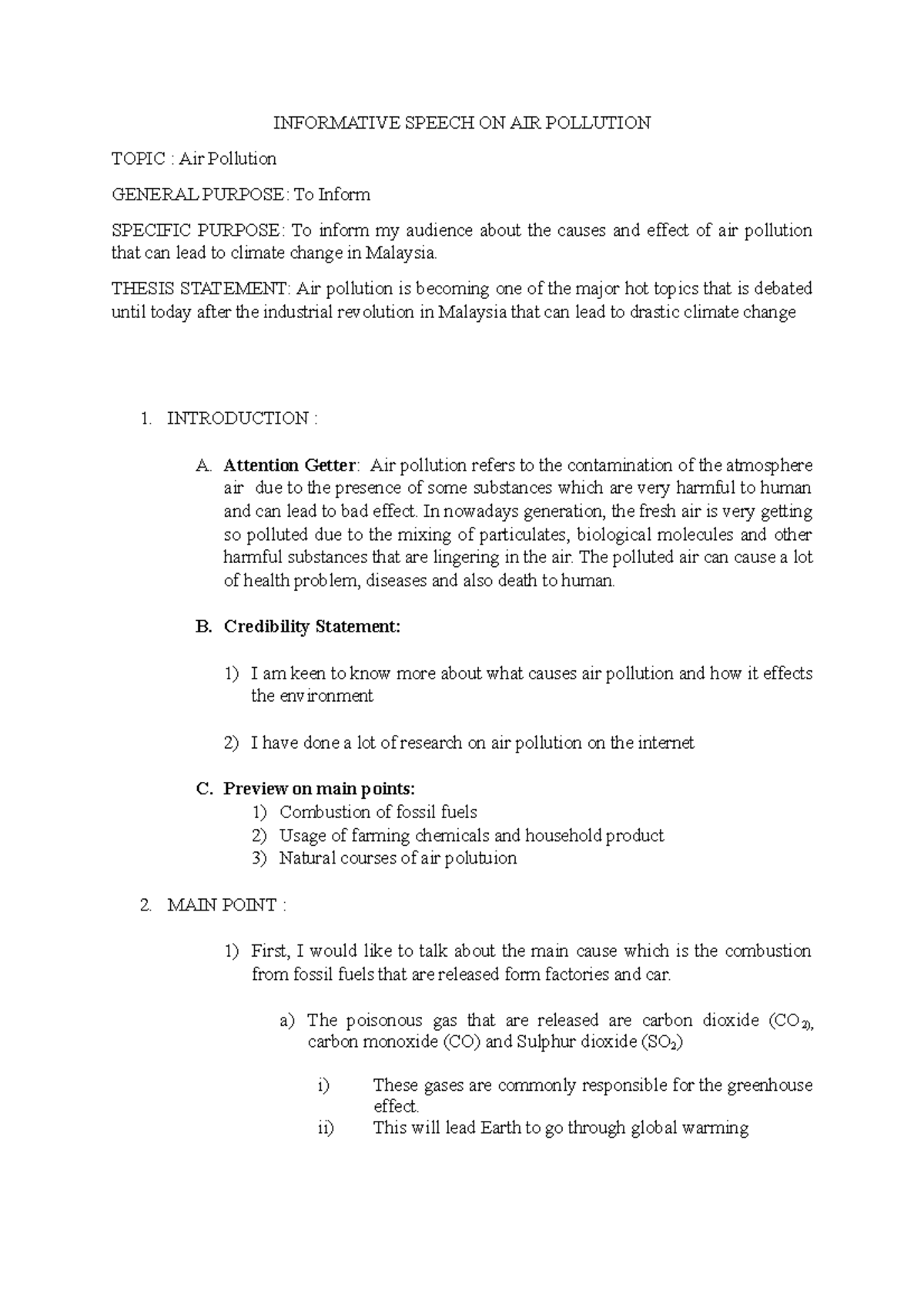 Informative Speech ON AIR Pollution - INFORMATIVE SPEECH ON AIR ...