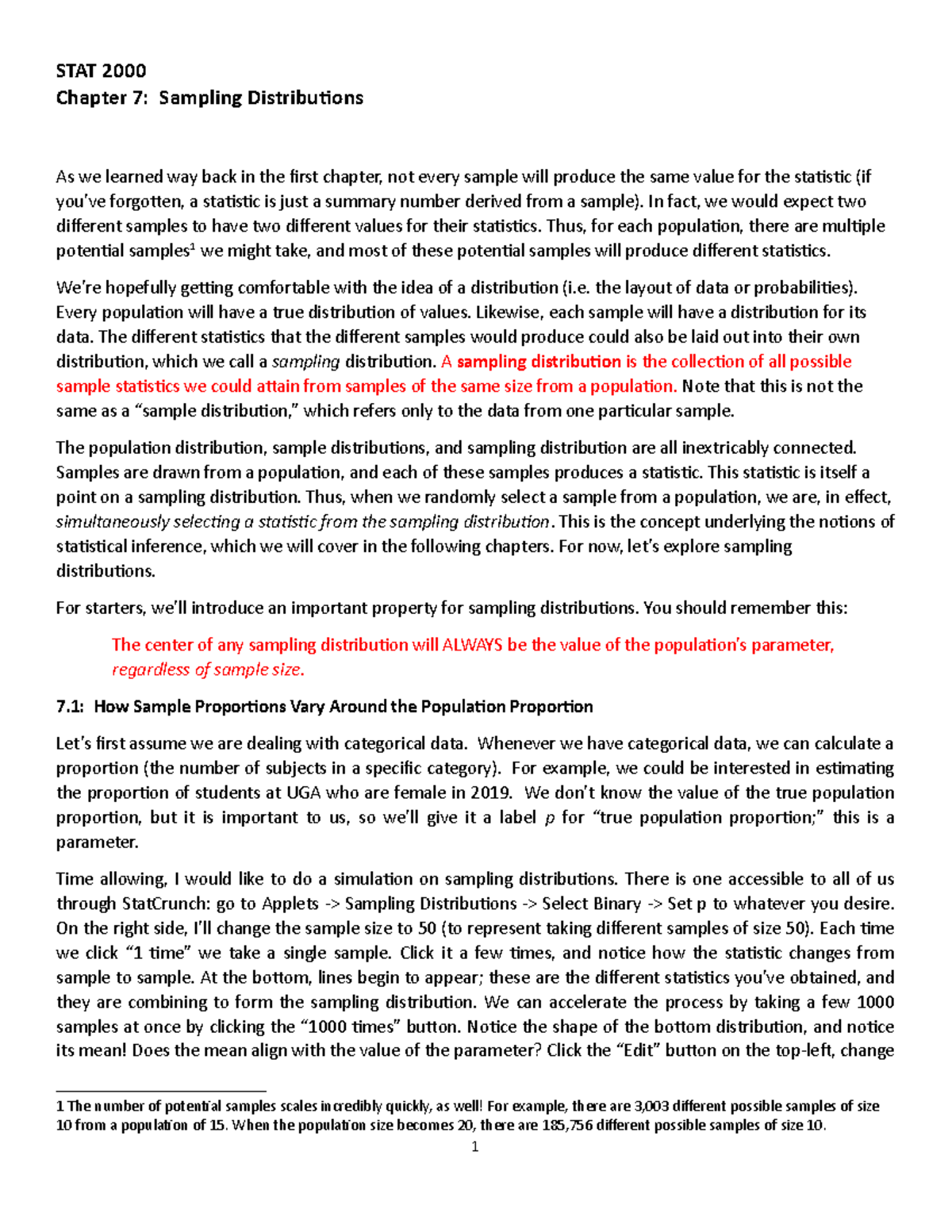 Chapter 7 Sampling Distributions F18 - STAT 2000 Chapter 7: Sampling ...