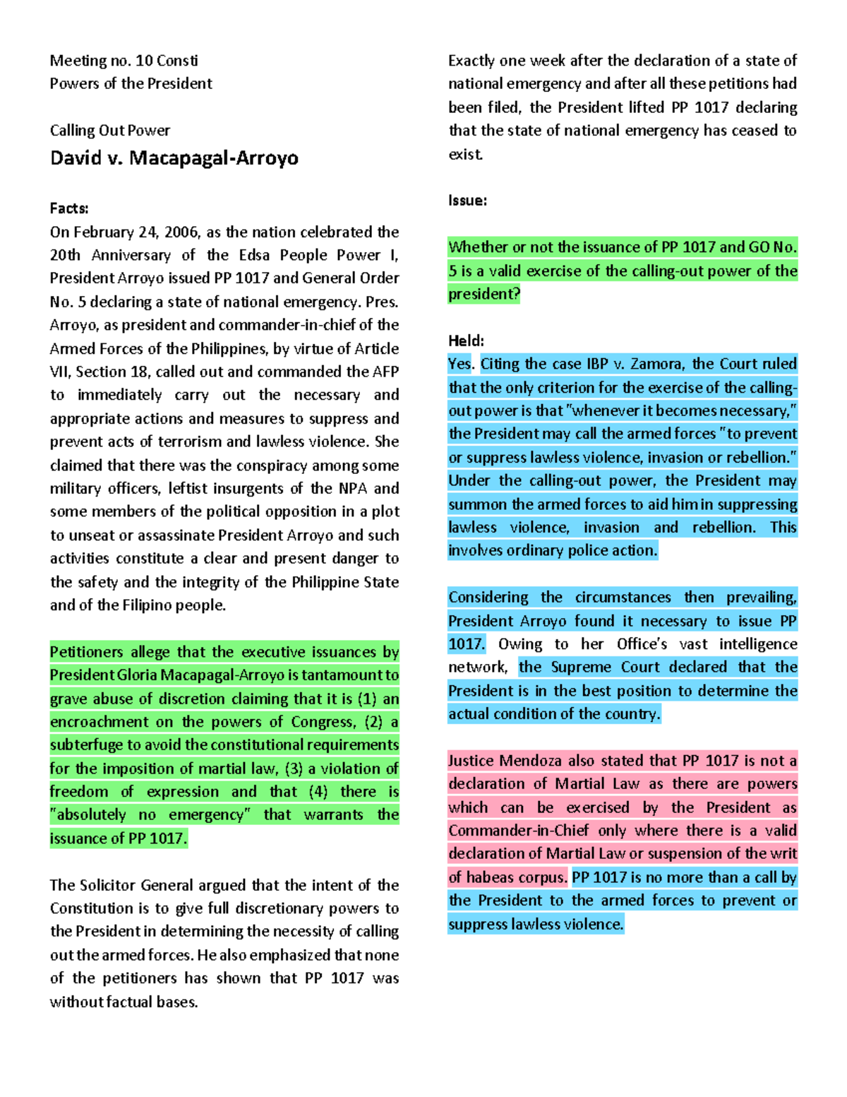 Meeting 10 digests - Summary of Constitutional law cases - Meeting no ...