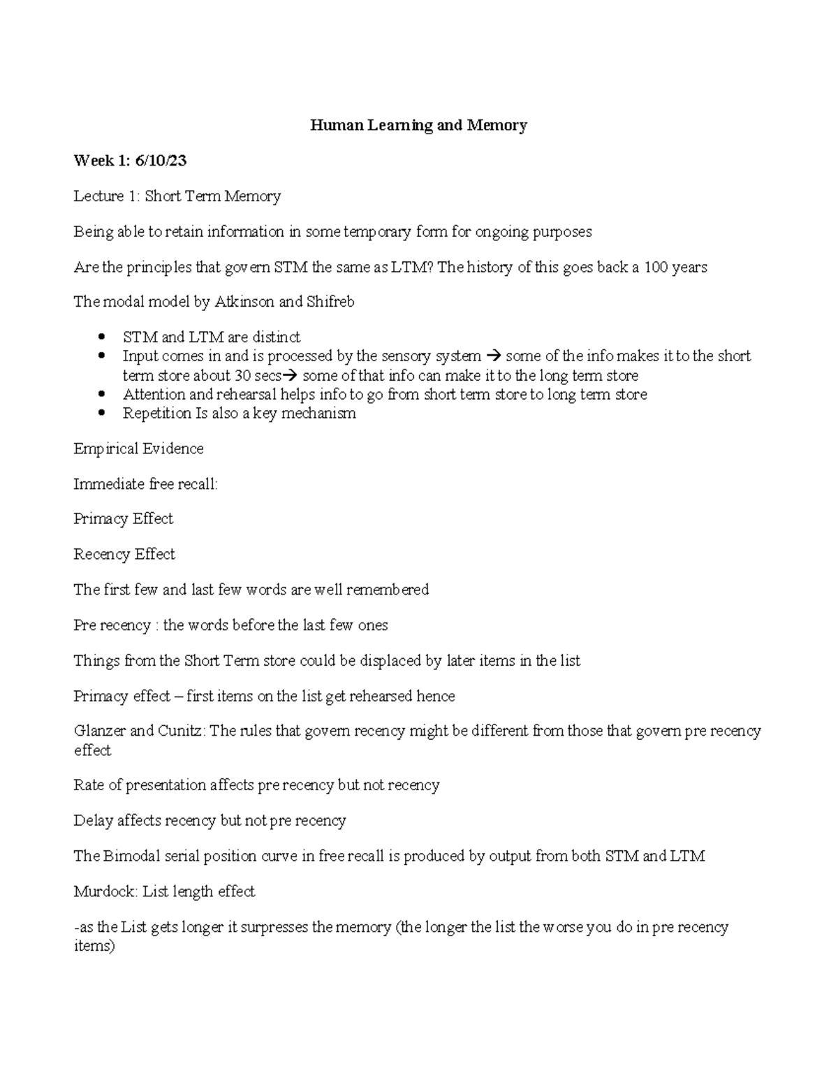 Human Learning & Memory UCL - Human Learning and Memory Week 1: 6/10/ Lecture 1: Short Term ...