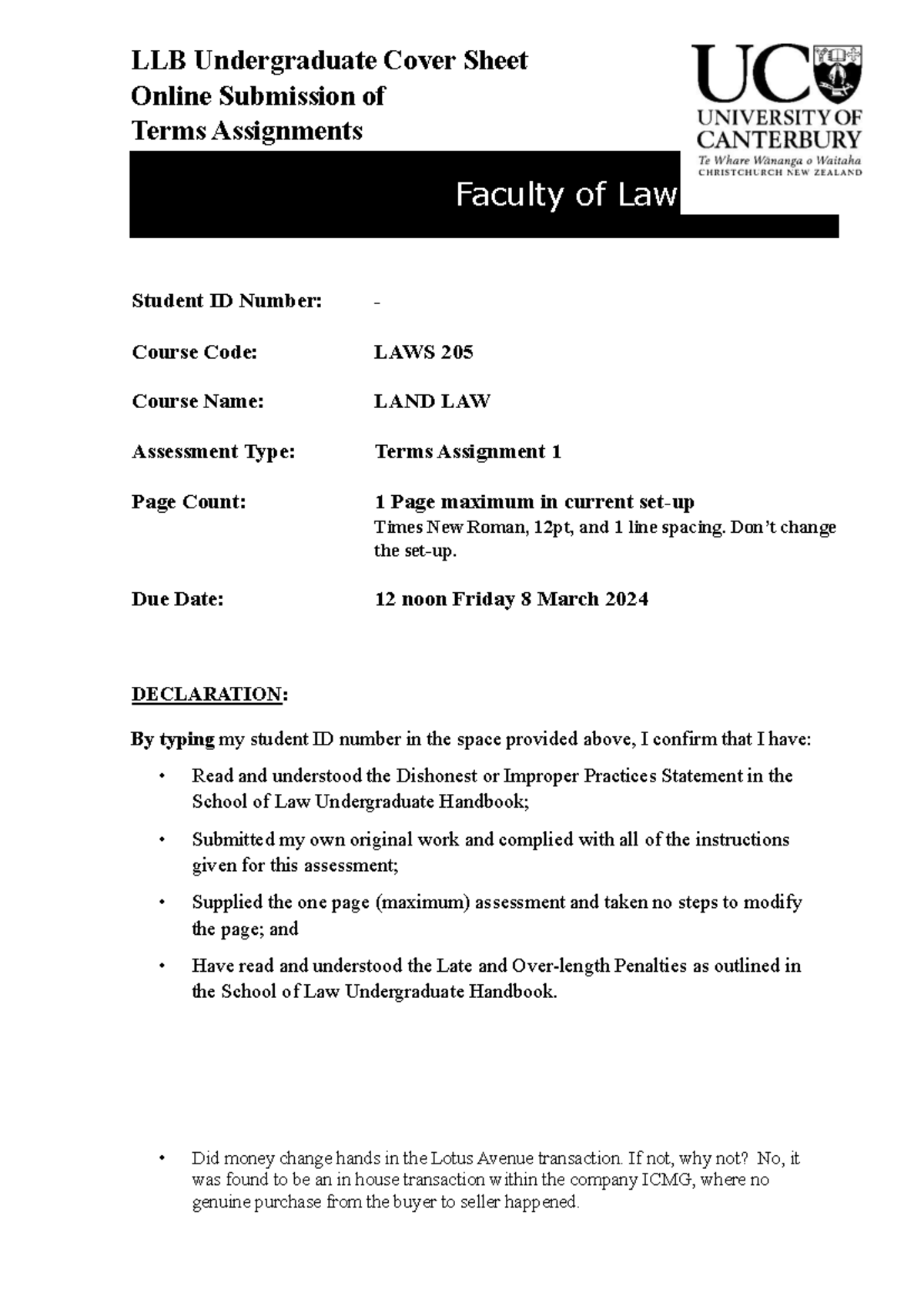 LAWS205 Term Assignment 1 - LLB Undergraduate Cover Sheet Online ...