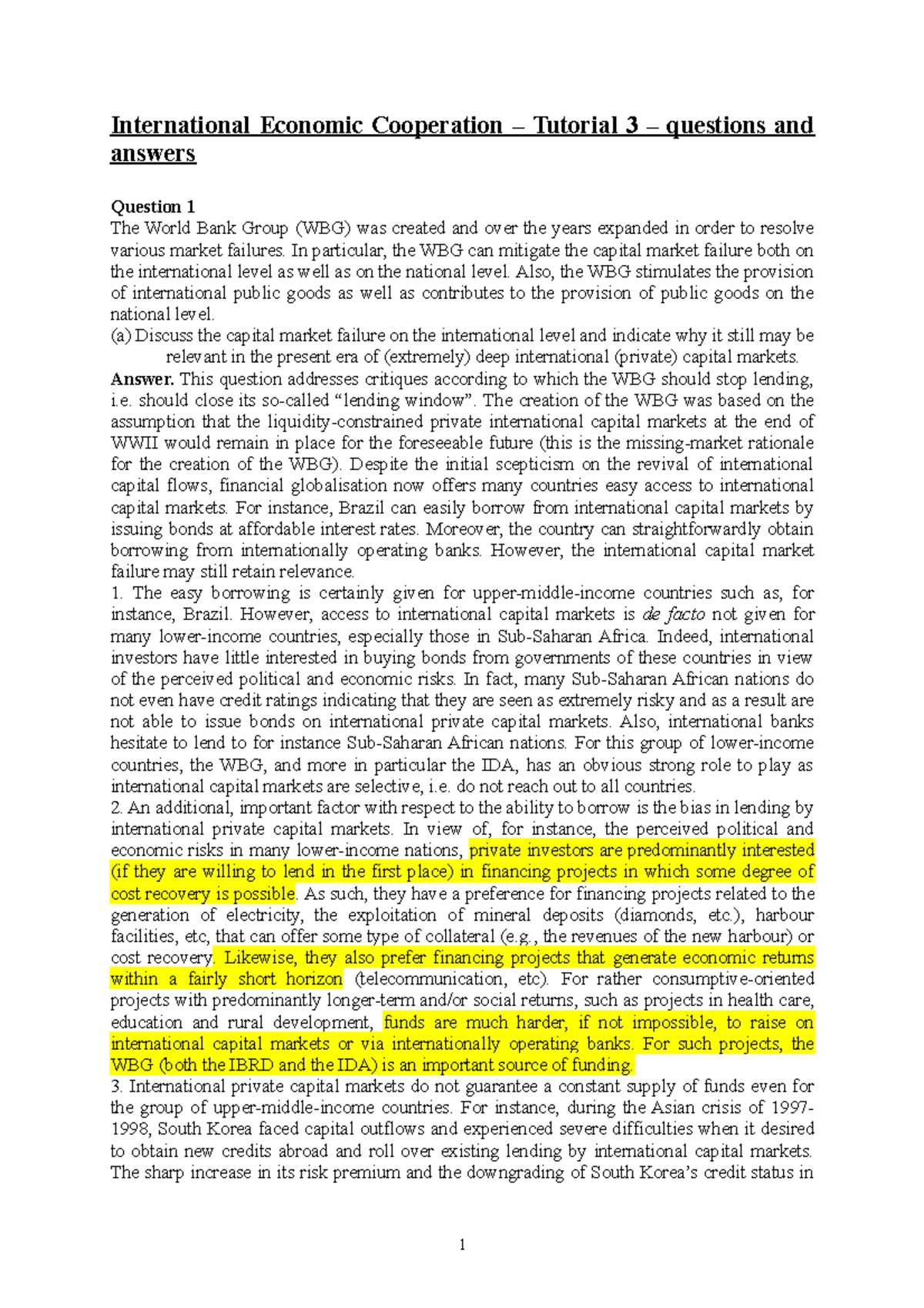 Tutorial 3 - questions and answers- 2022-2023 - International Economic Cooperation – Tutorial 3 ...