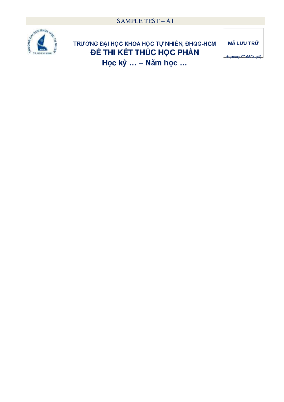 KEY - Sample TEST - A1 - Sao chép - SAMPLE TEST – A TRƯỜNG ĐẠI HỌC KHOA ...