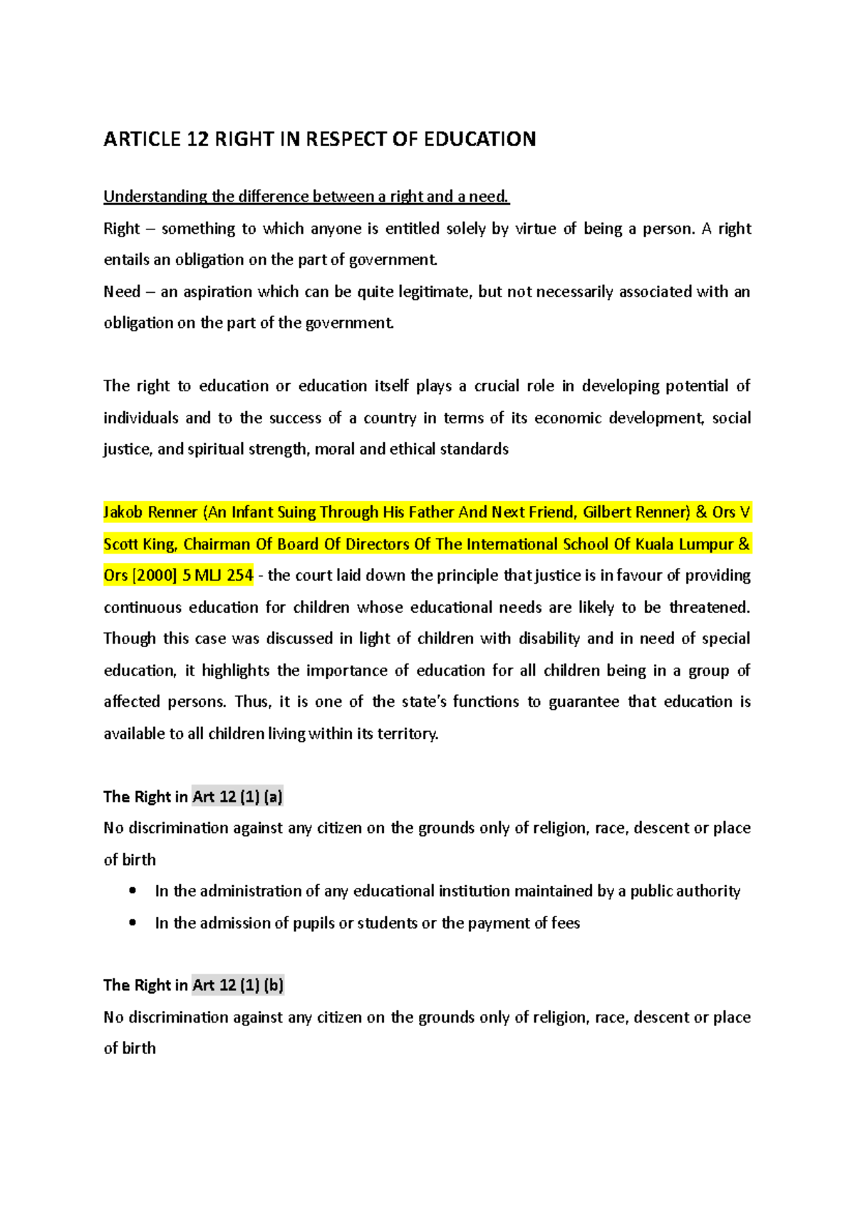 Notes ON Article 12 Right IN Respect OF Education (constitutional law ...