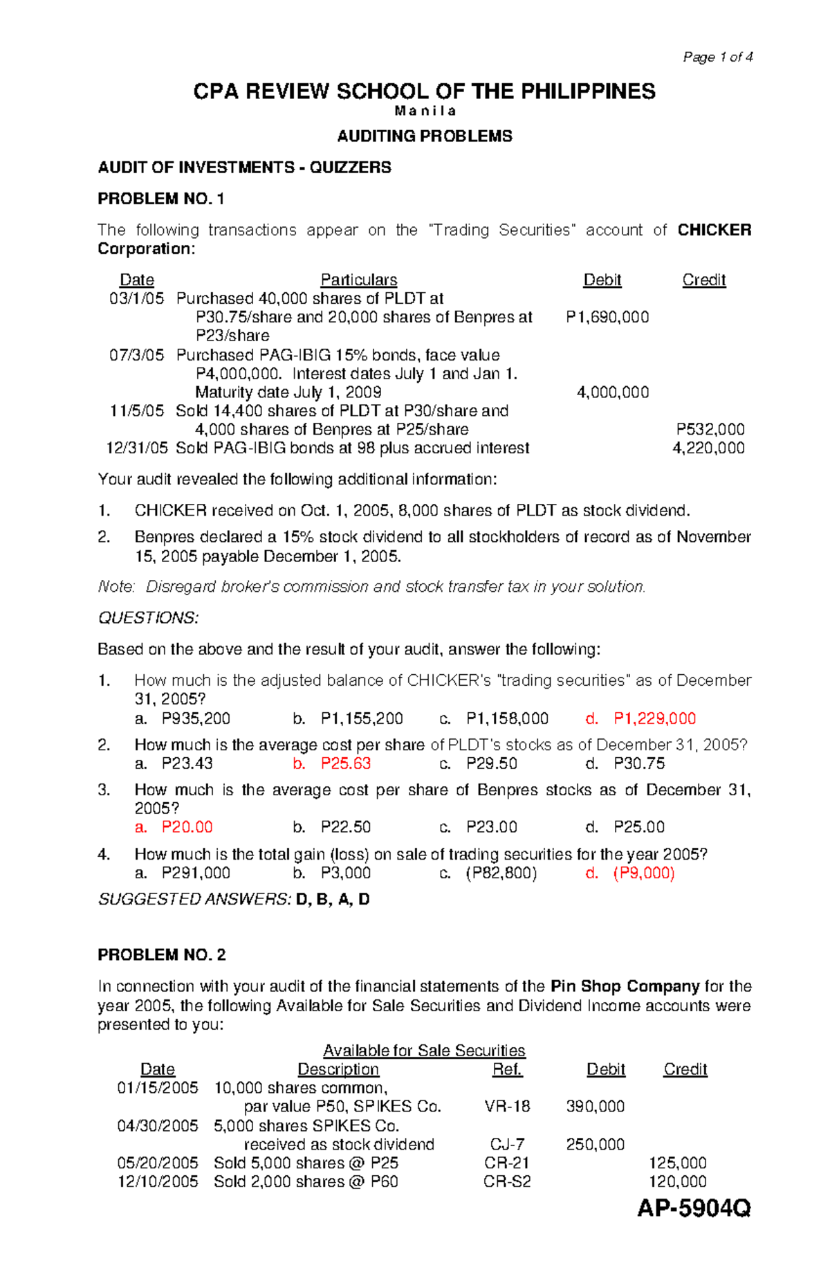 Cpar Investments 3 Cpa Review School Of The Philippines M A N I L A Auditing Problems Audit