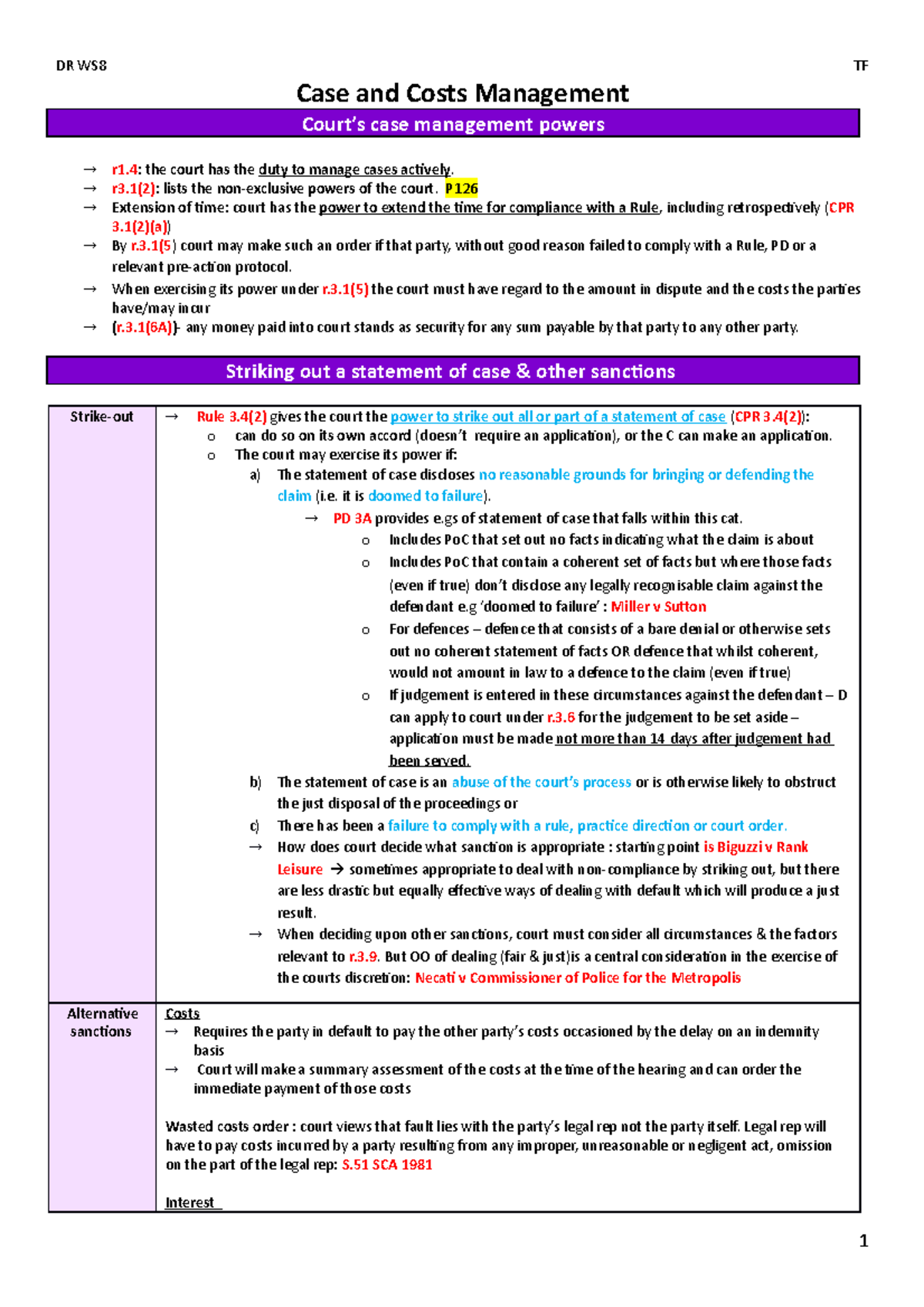 DR WS8 - LECTURE NOTE - Case and Costs Management Court’s case ...