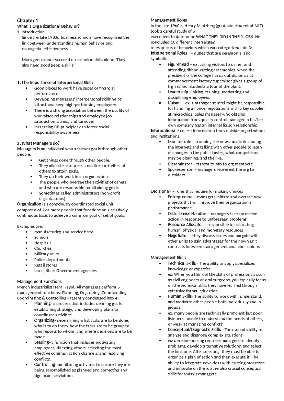 HBO Notes - Chapter 1 What is Organizational Behavior? Introduction ...