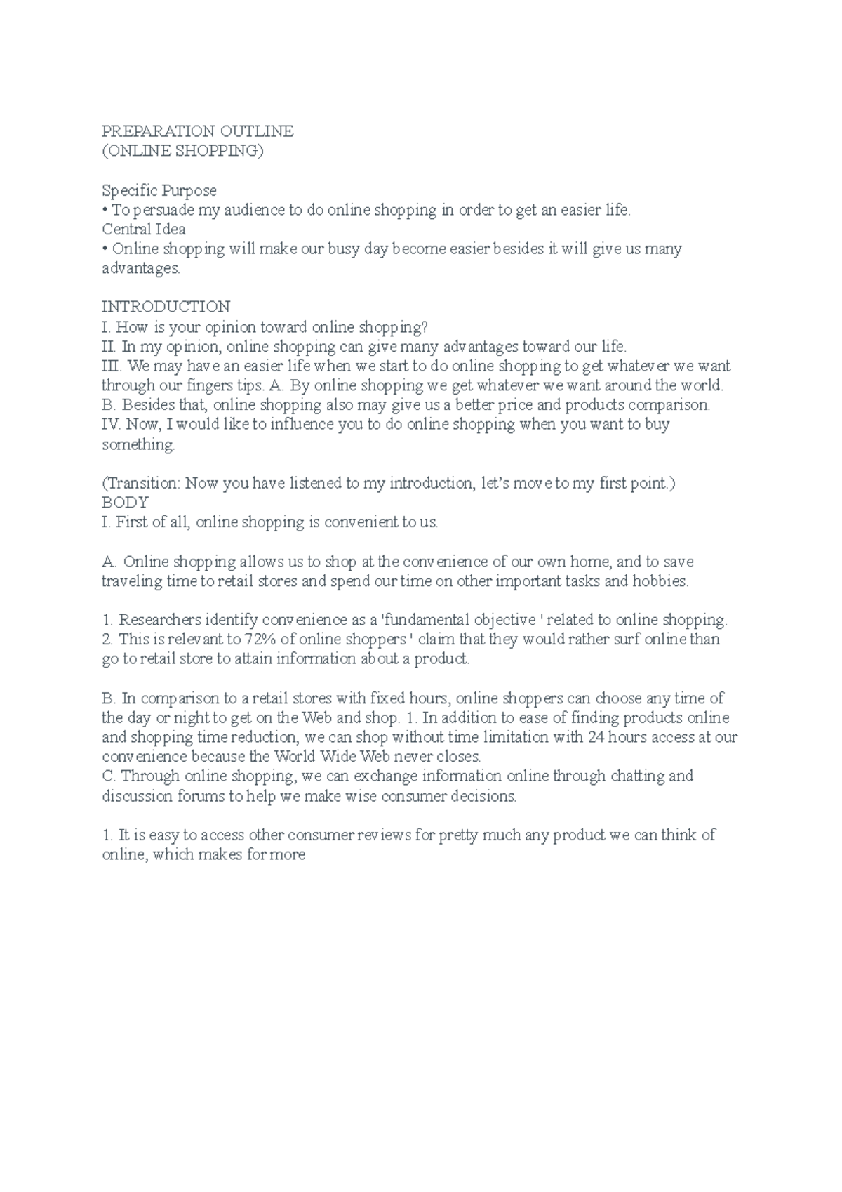 Preparation Outline - PREPARATION OUTLINE (ONLINE SHOPPING) Specific ...