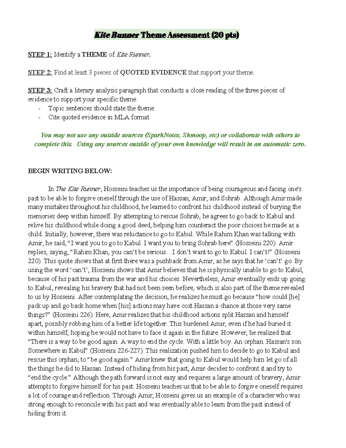 Kite Runner Theme Assessment - STEP 2: Find at least 3 pieces of QUOTED ...