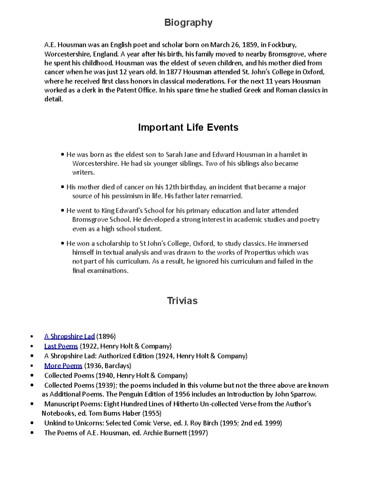 Biography - Lecture notes 1 - Biography A. Housman was an English poet ...