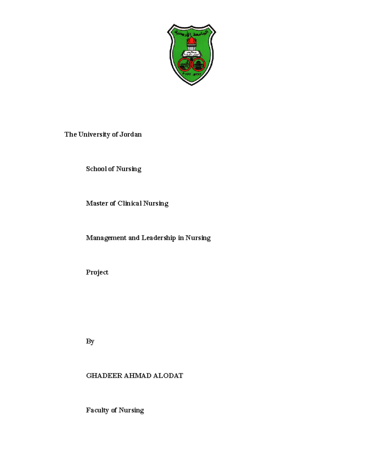 Management and Leadership in Nursing project - The University of Jordan ...