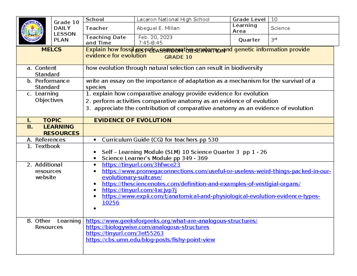action paper for science - Grade 10 DAILY LESSON PLAN School Lacaron ...