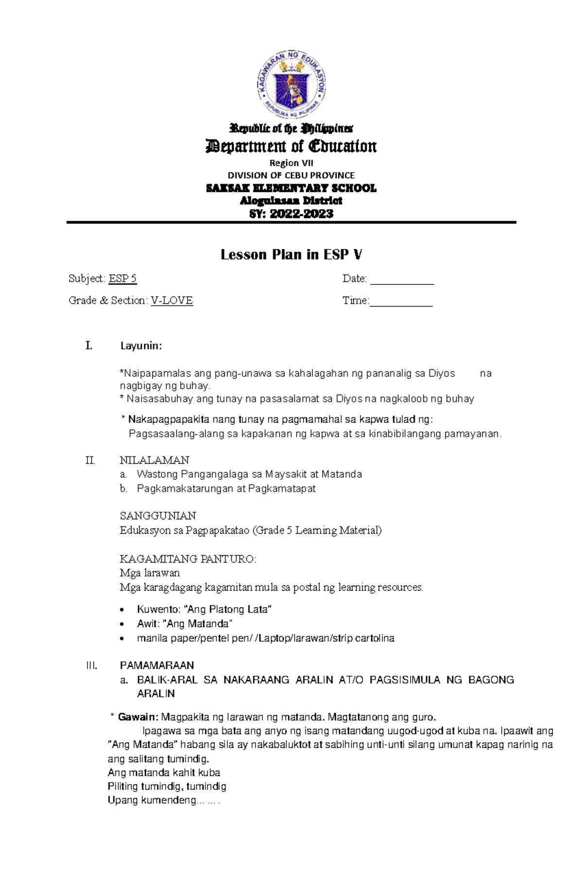COT 2 Lesson Plan - Republic of the Philippines Department of Education ...