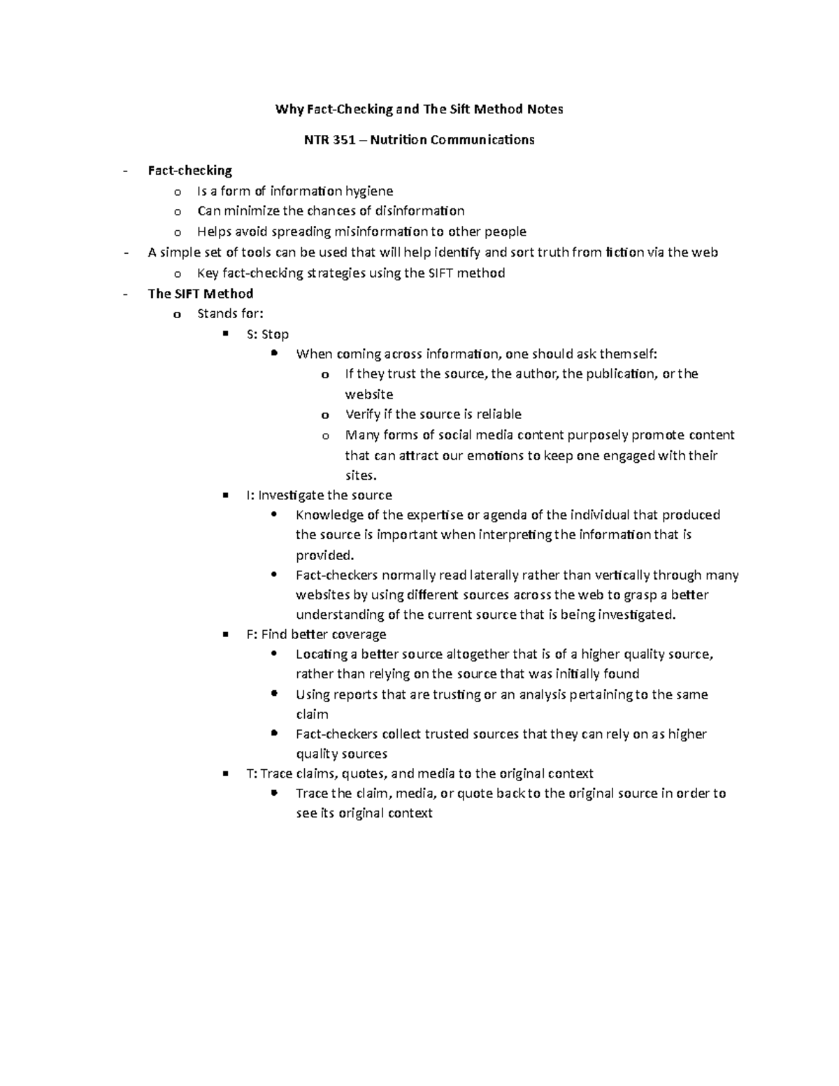Why Fact-Checking Notes and The Sift Method Notes- NTR 351 - Why Fact ...
