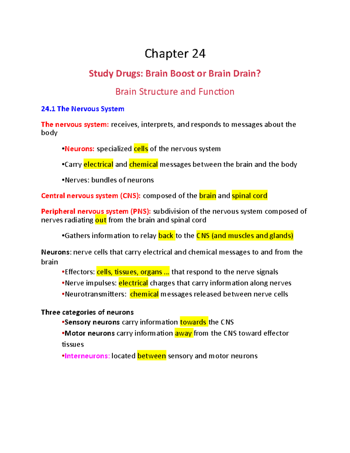 Chapter 24 notes - Chapter 24 Study Drugs: Brain Boost or Brain Drain ...