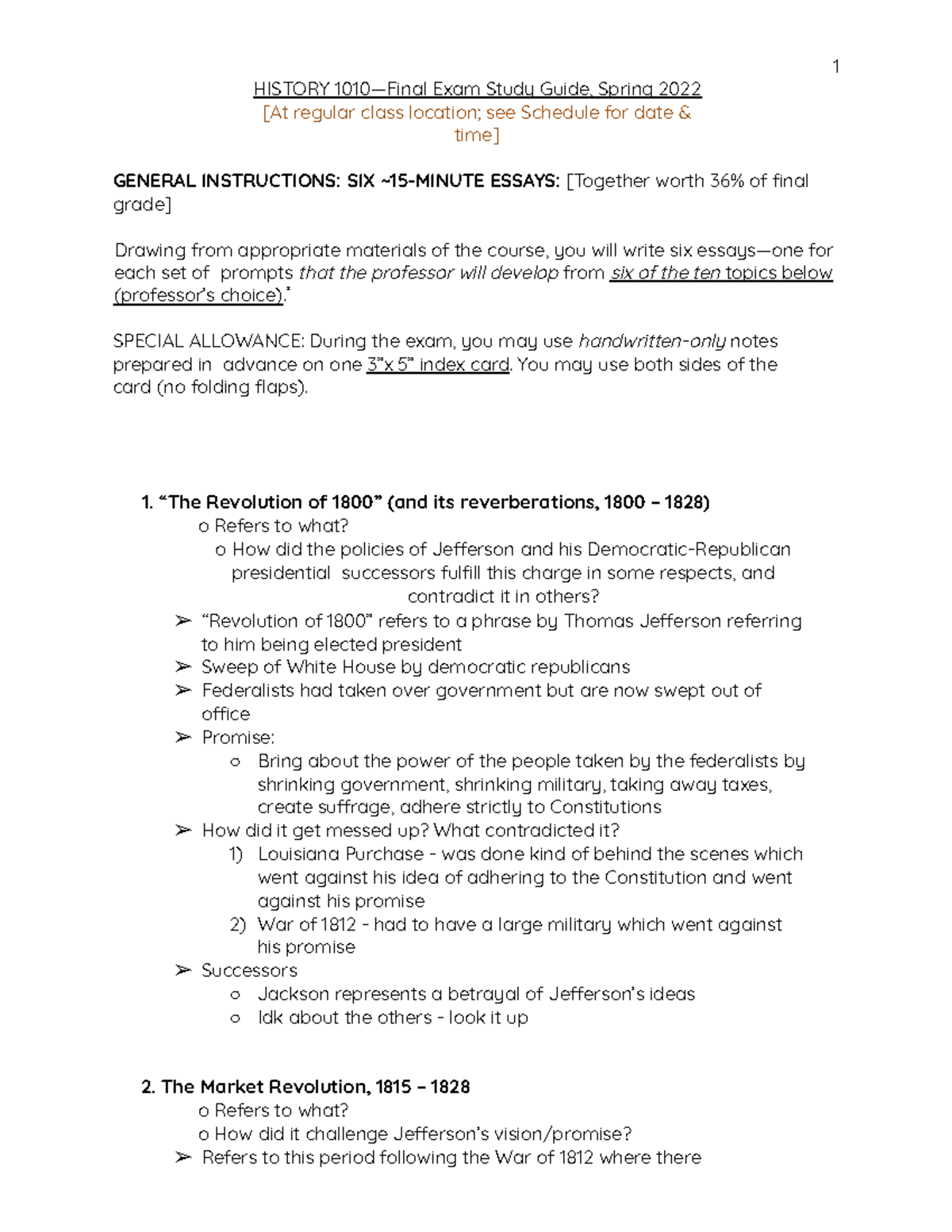 Final exam study guide - 1 HISTORY 1010—Final Exam Study Guide, Spring ...