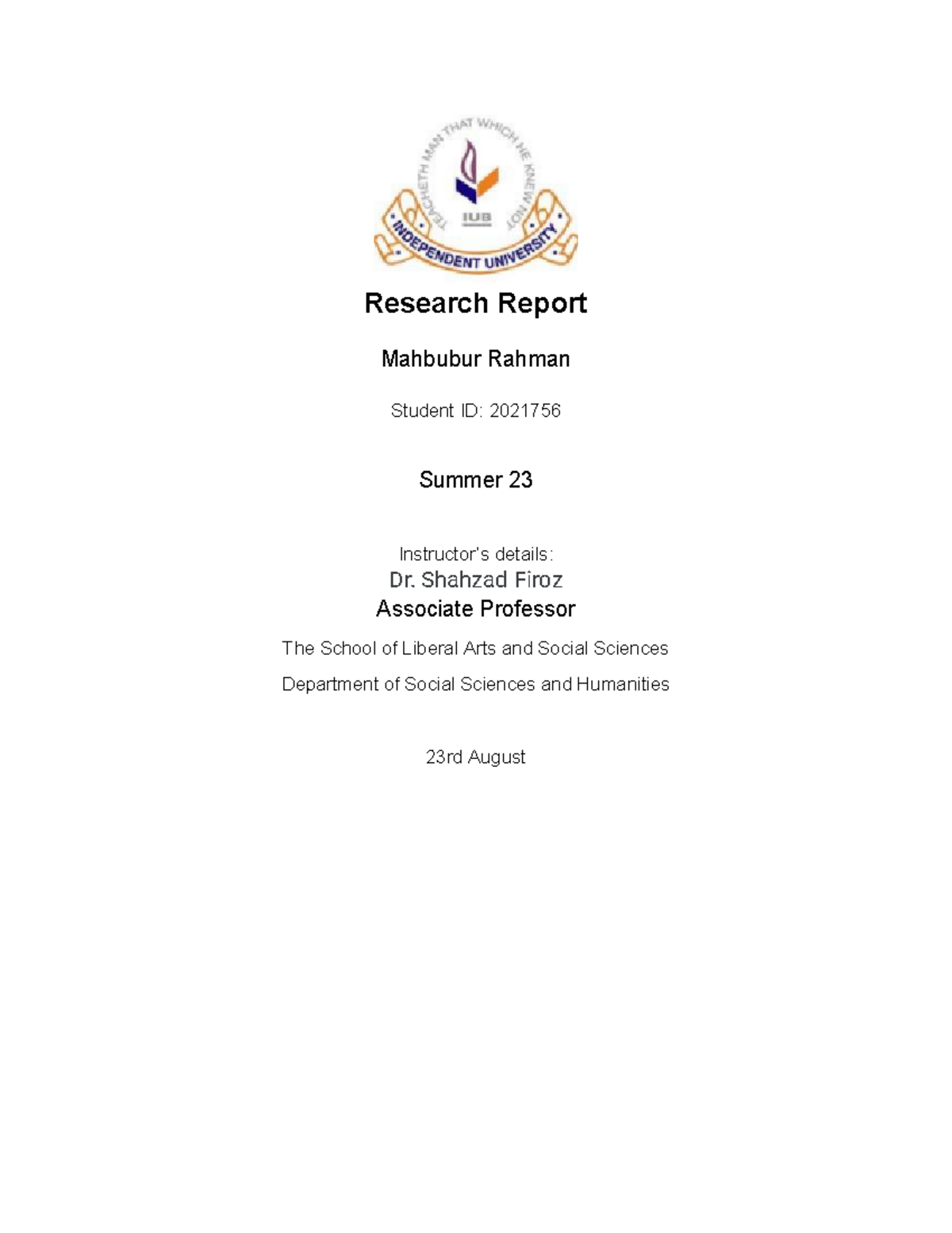 Ant-401 summer 23 2021756 - Research Report Mahbubur Rahman Student ID ...