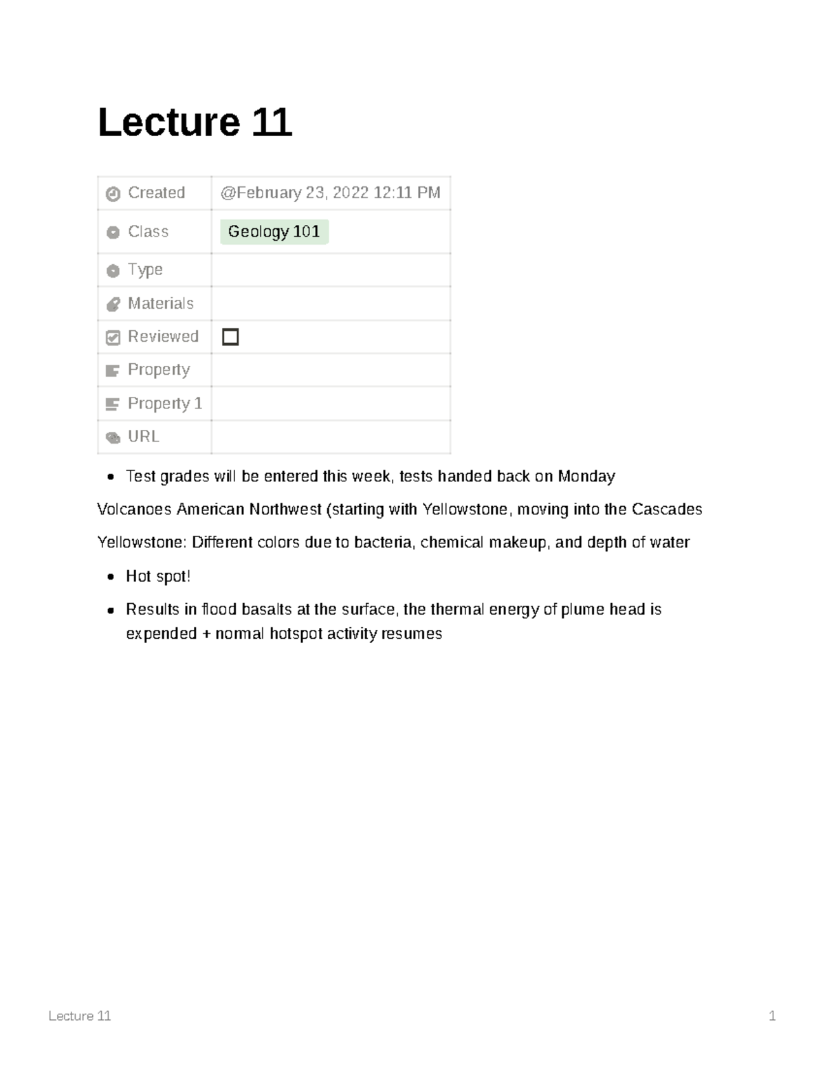 Geo Lecture 11 - Lecture 11 Created Class Geology 101 Type Materials Reviewed Property Property ...