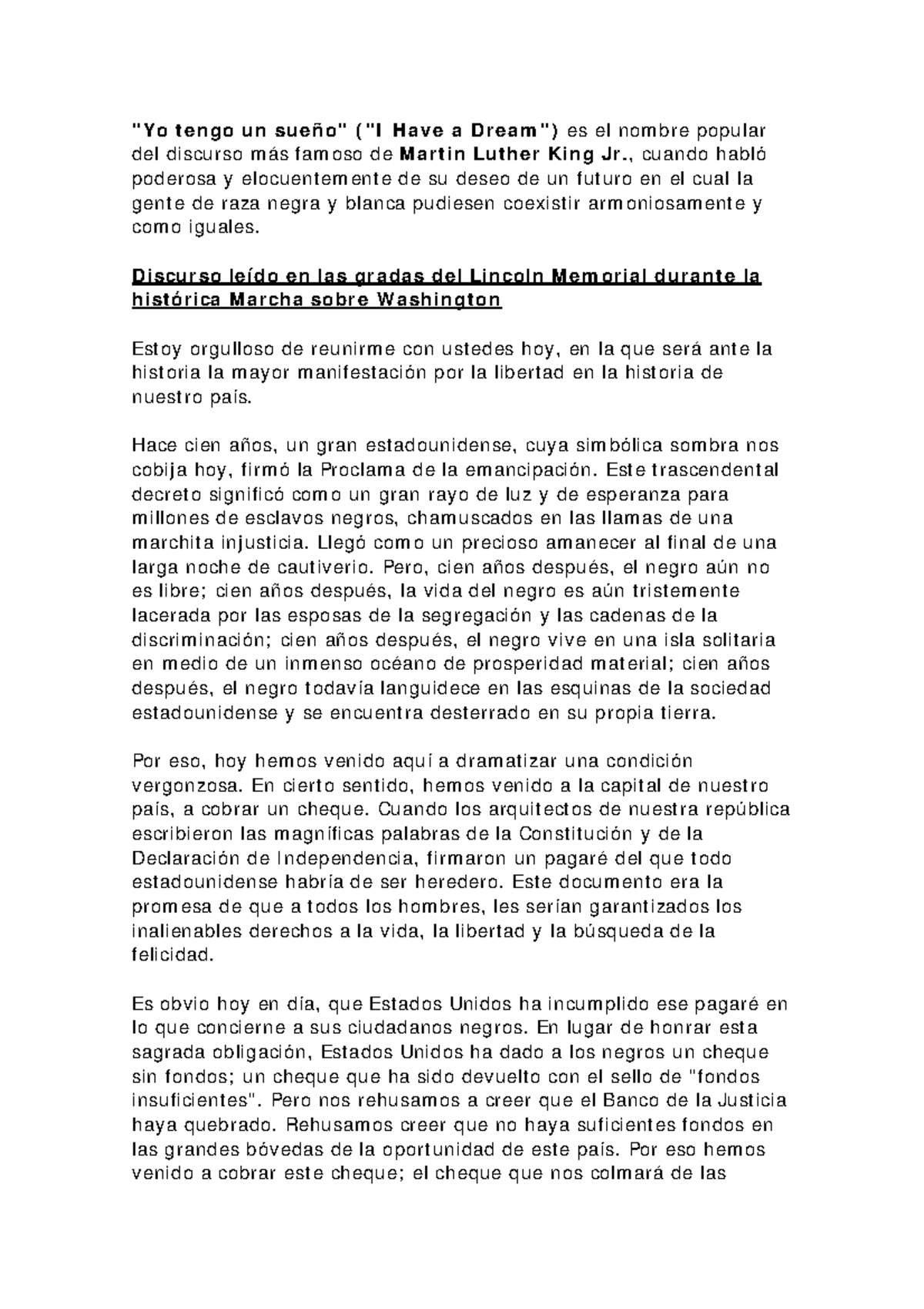 Yo tengo un sueño. M. L. King - "Yo tengo un sueño" ("I Have a Dream ...