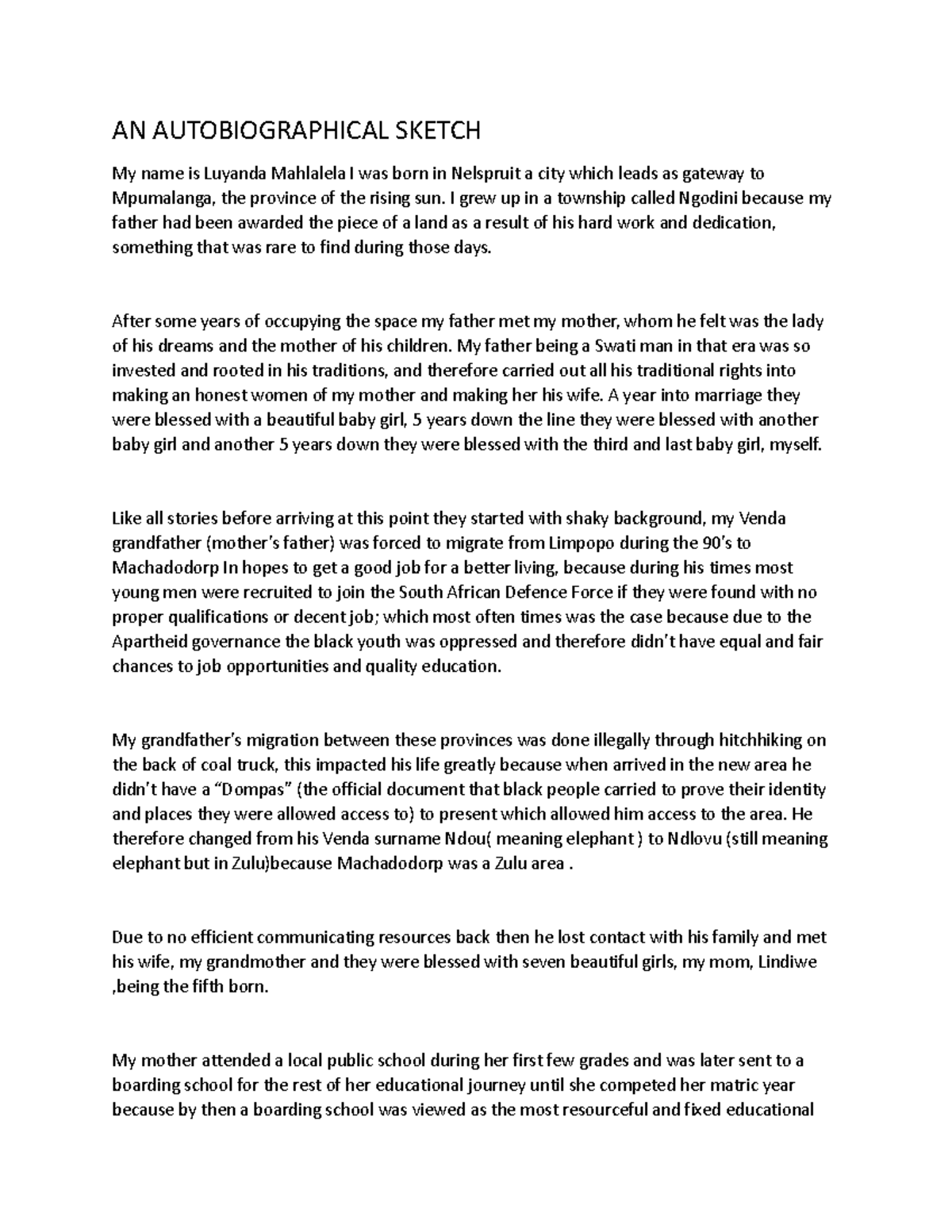 AN Autobiographical Sketch - AN AUTOBIOGRAPHICAL SKETCH My name is ...