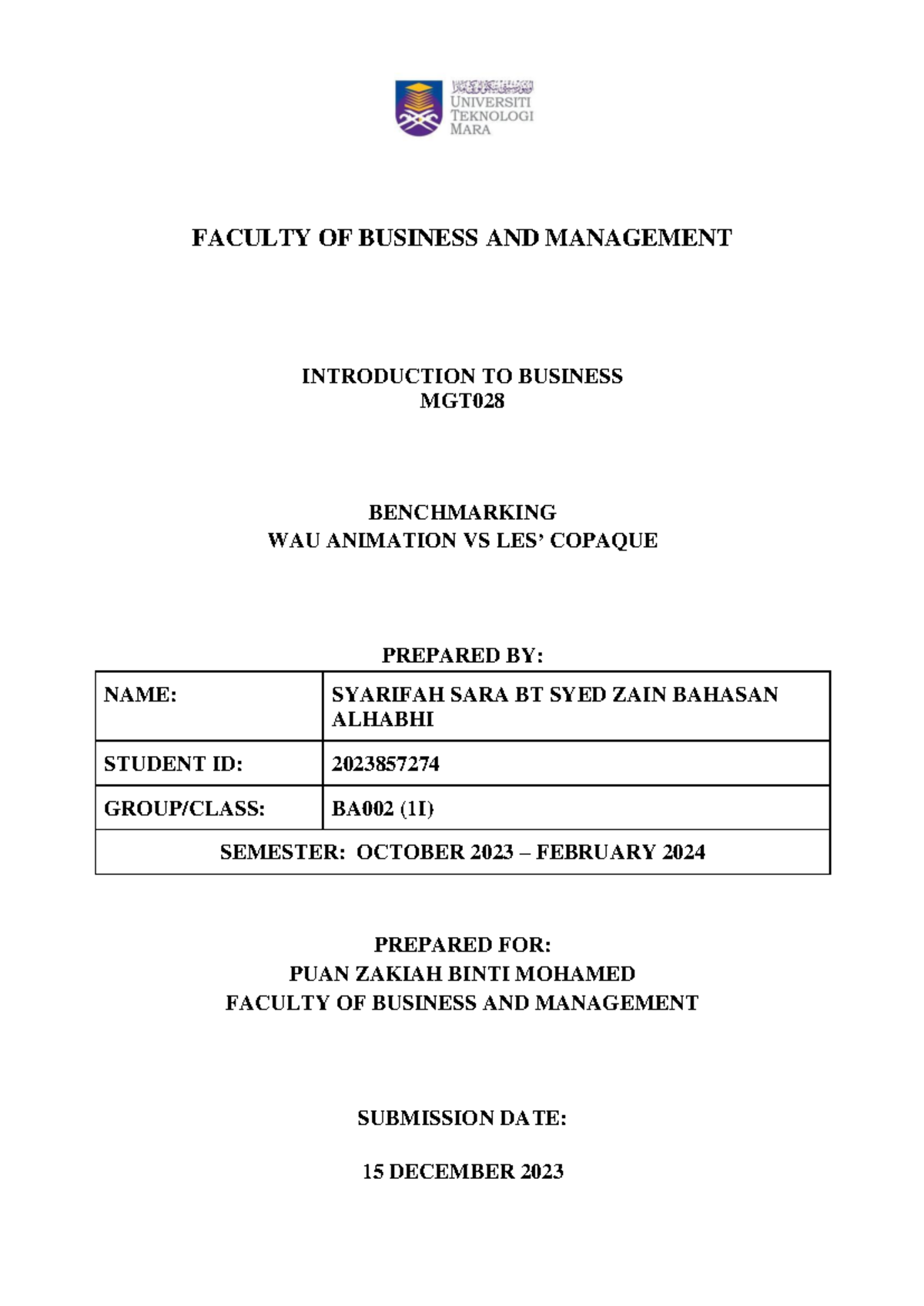 Benchmarking Individual Assignment MGT028 (WAU ANIMATION VS LES ...