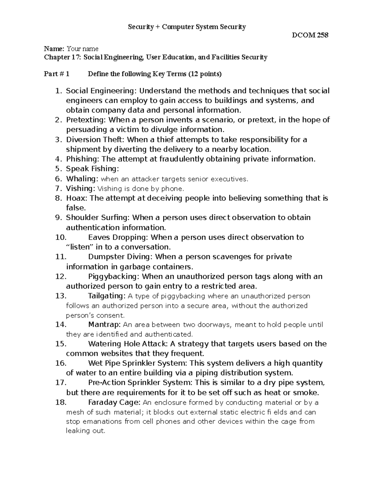 DCOM 258 Lab 17 Social Engineering, User Education, and Facilities Security - Security ...
