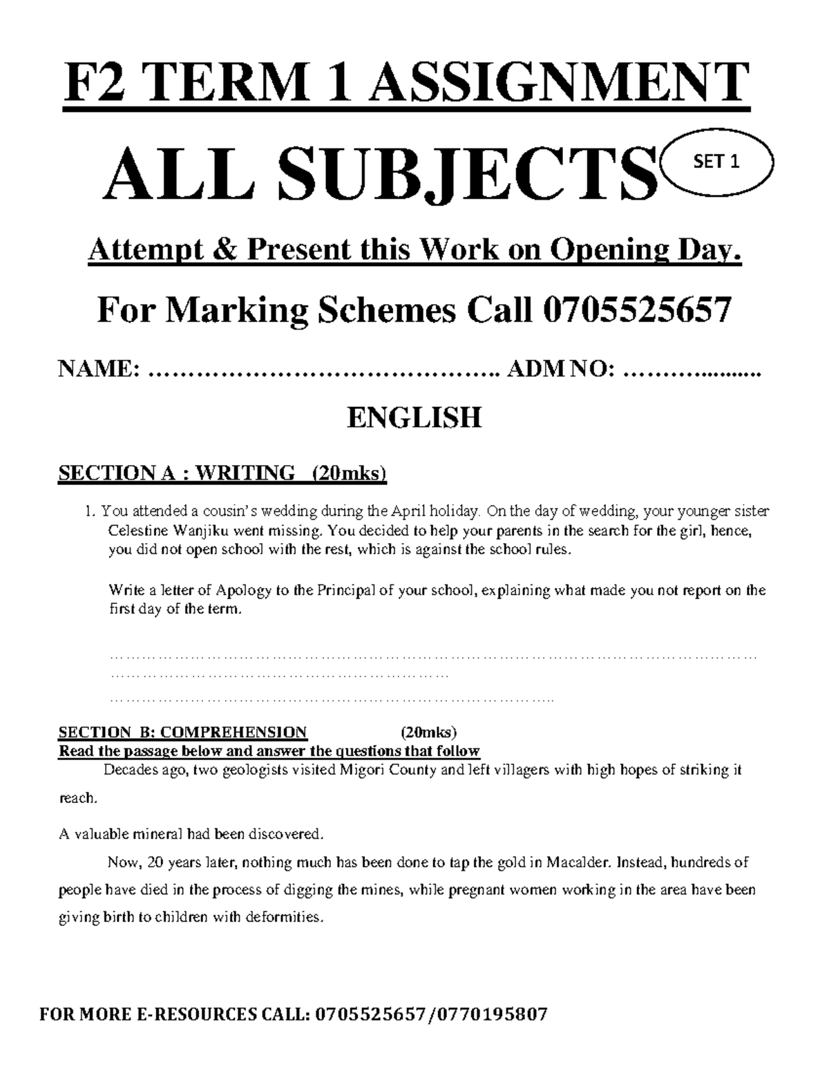 F2 TERM 1 SET 1 Assignment - ####### FOR MORE E-RESOURCES CALL ...