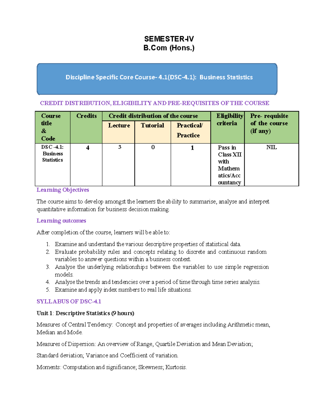 Business Statistics Syllabus - SEMESTER-IV B (Hons.) CREDIT ...