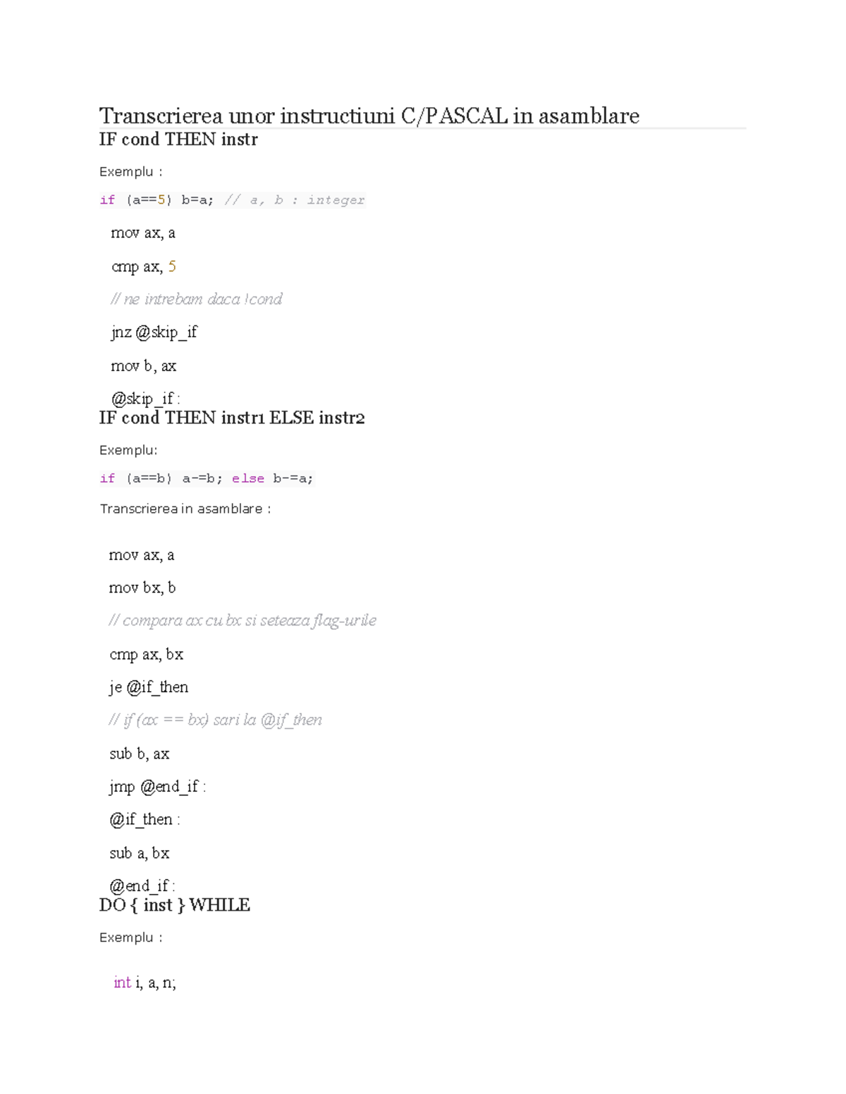 Transcrierea unor instructiuni C in ASM - Transcrierea unor instructiuni C/PASCAL in asamblare ...
