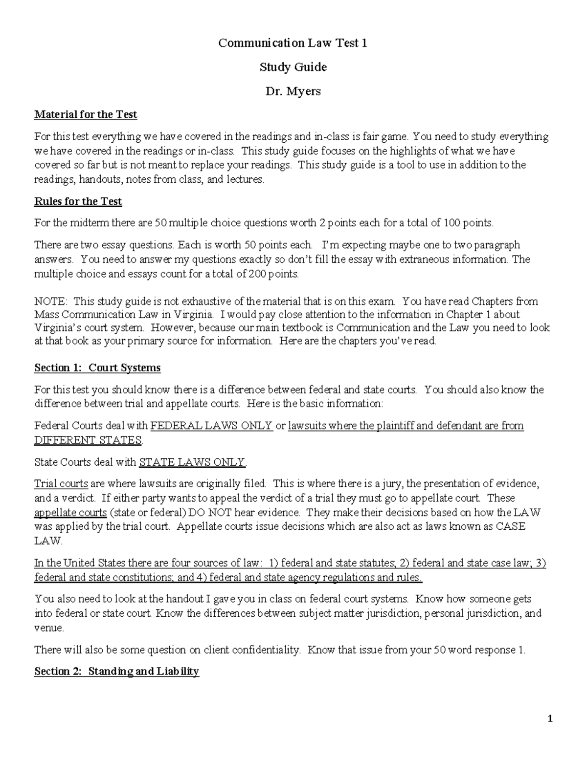 Communication Law Study Guide Test 1 - Communication Law Test 1 Study ...