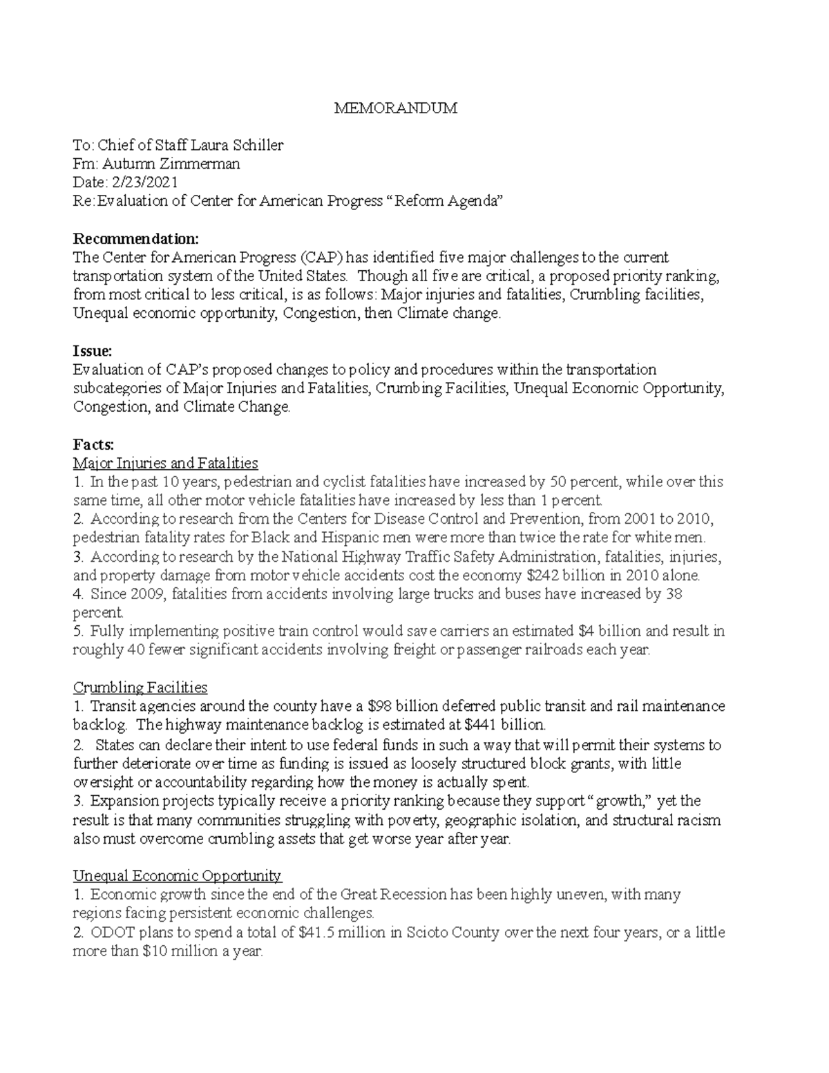 Memorandum Evaluation of Center for American Progress "Reform Agenda ...