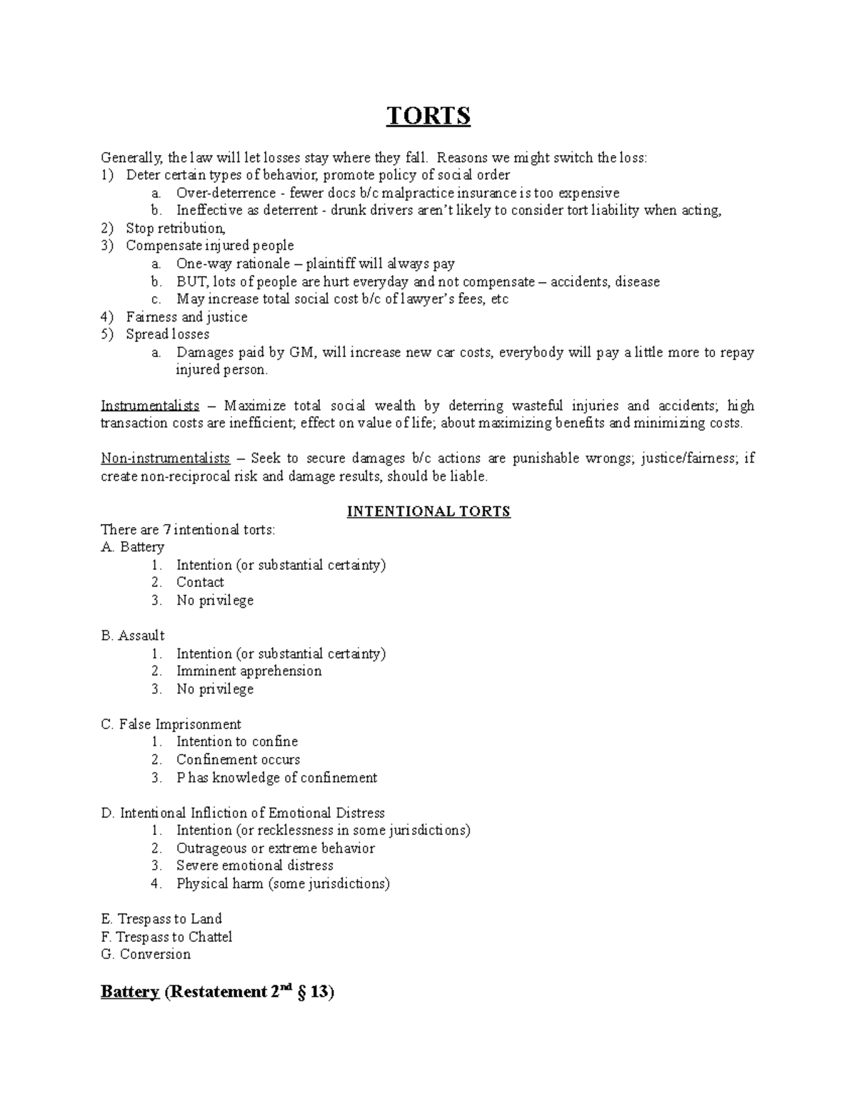 Torts Law Outline - Professor Crane - TORTS Generally, the law will let ...