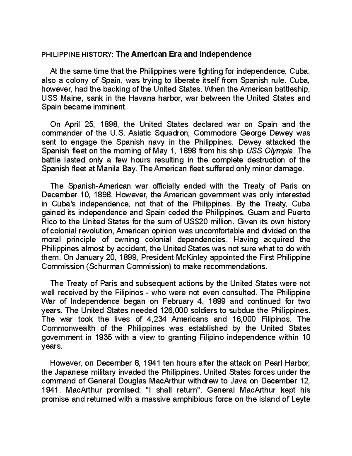 Philippine History - PHILIPPINE HISTORY: The American Era and ...