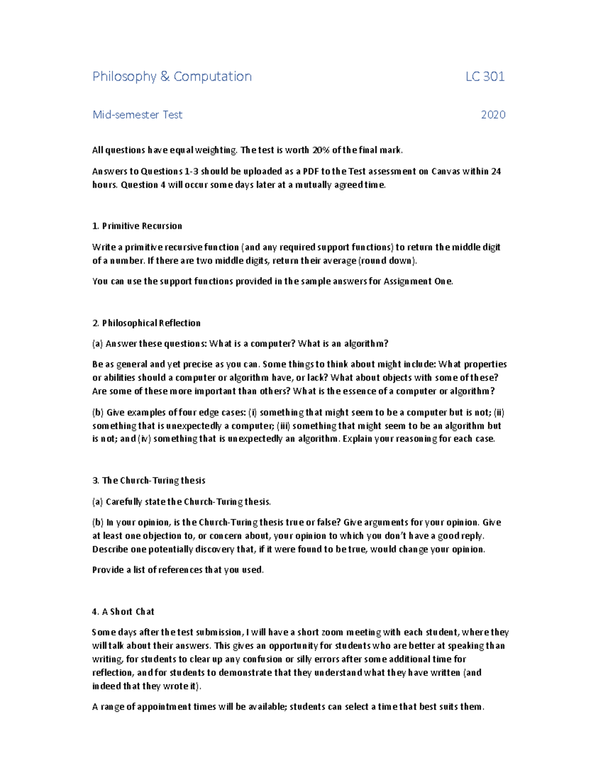 Logi Comp 301 Test 2020 - Test for 2020 Sem 1 - Philosophy ...