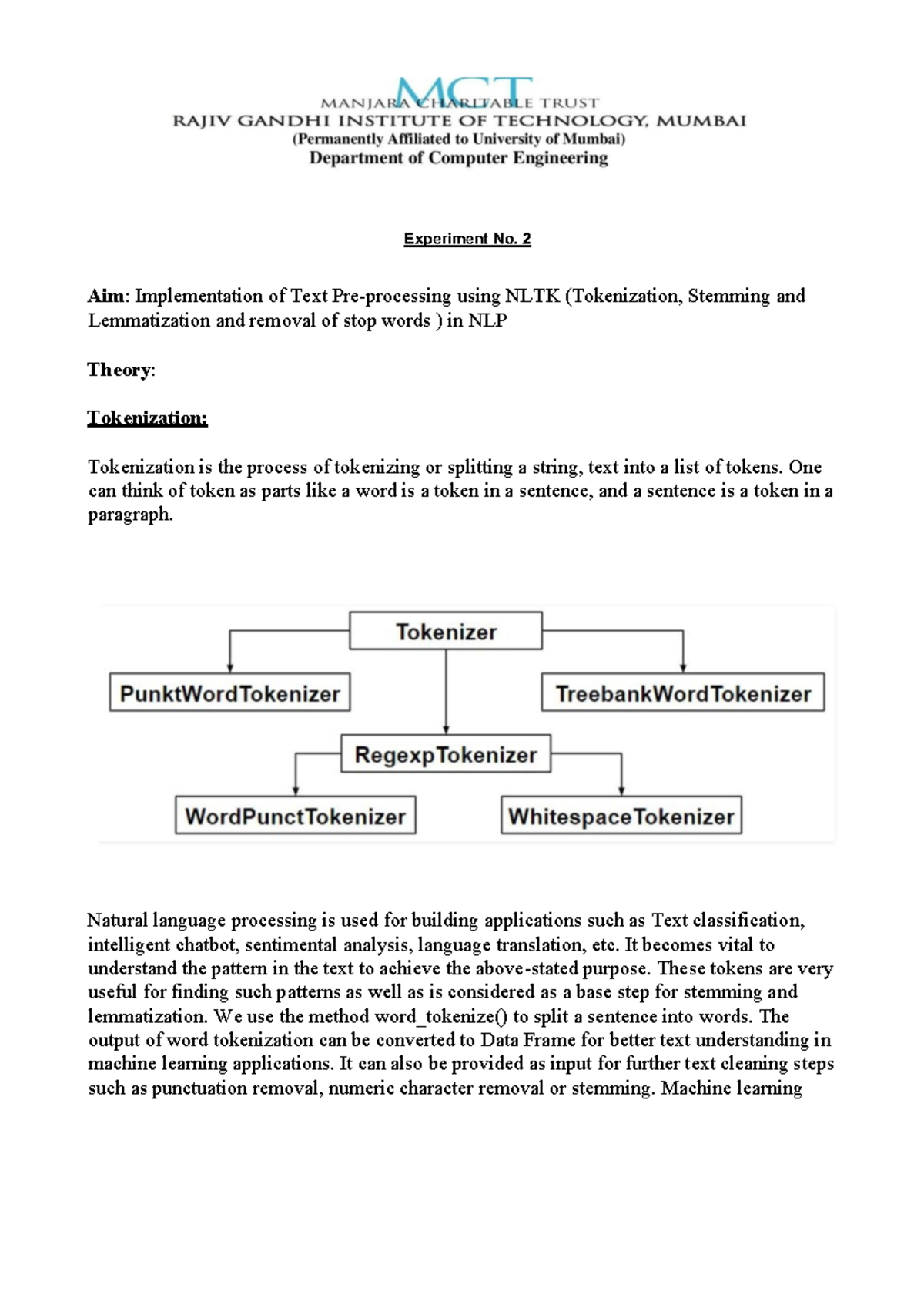 Exp2 - NLP Practical - Experiment No. 2 Aim : Implementation of Text Pre-processing using NLTK ...