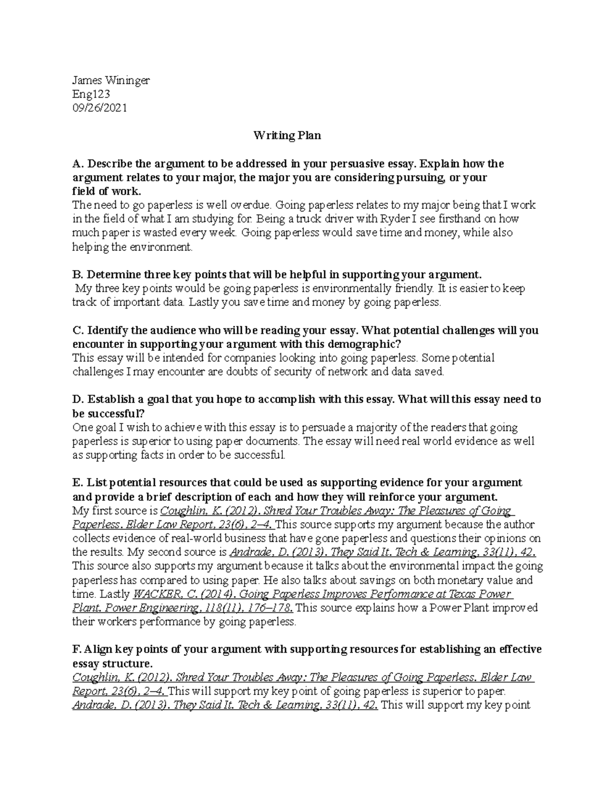 3-6 Writting plan - James Wininger Eng 09/26/ Writing Plan A. Describe ...