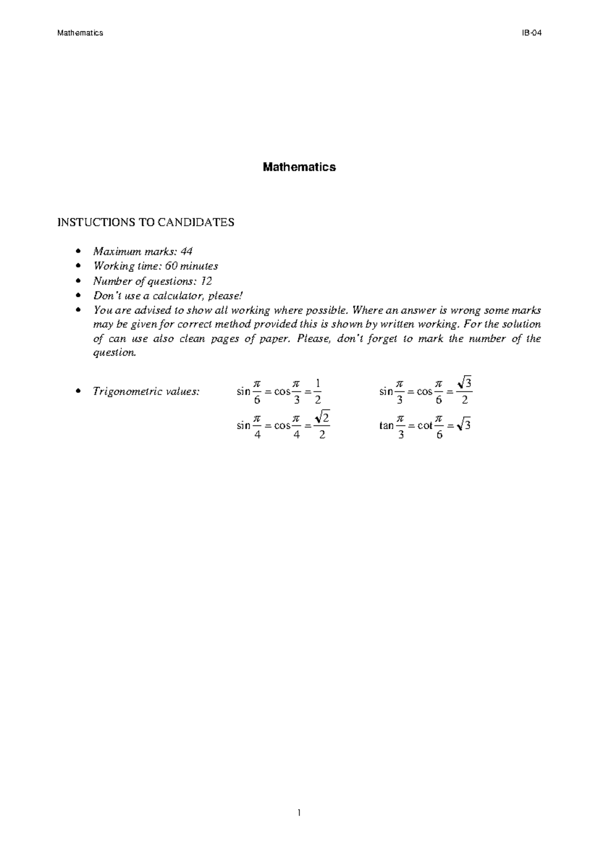 MA1 - IB Grade 10 Entrance mock exam - Mathematics INSTUCTIONS TO ...