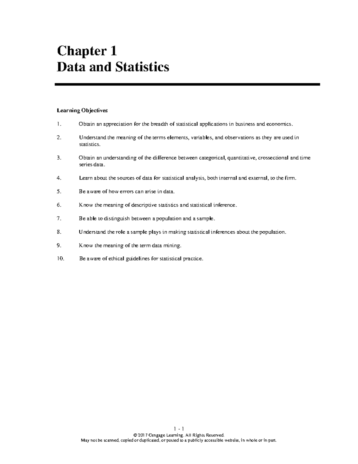 SM SBE13E Chapter 01 - © 2017 Cengage Learning. All Rights Reserved - 1 Data and Statistics ...