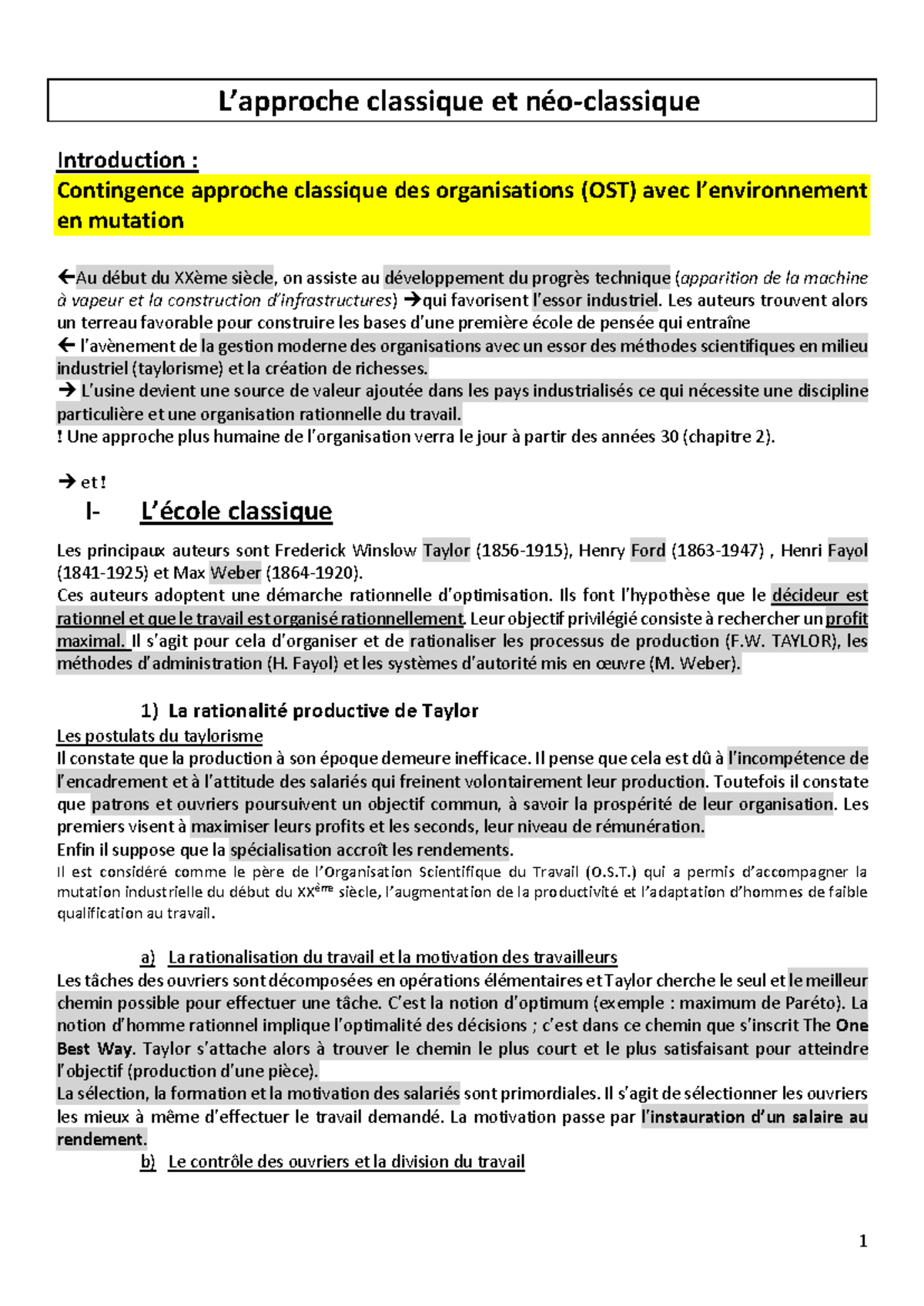 *RST MAN TDO 1 NOTA - Théories des organisations - L’approche classique et néo-classique - Studocu